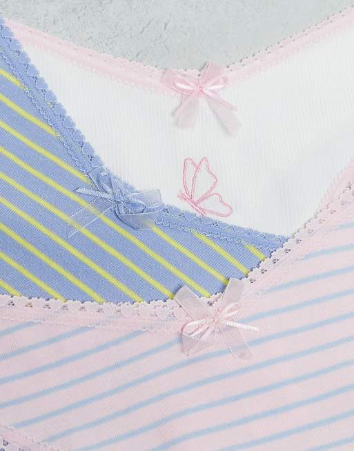 ASOS DESIGN 3 pack high leg thongs with heart lace trim in stripes and ...