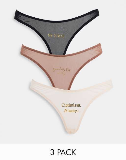 ASOS DESIGN 3 pack mesh brazilian with gold foil detail in brown beige ...