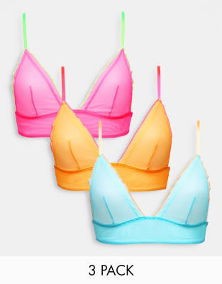 ASOS DESIGN 3 pack mesh contrast frill longline triangle bralet in ...