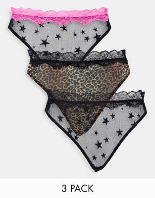 ASOS DESIGN 3 pack mesh high waist high leg brazilian brief in star & animal | ASOS