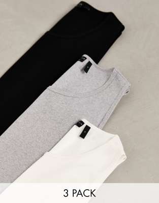 ASOS DESIGN 3 pack rib muscle fit vest with crew neck in white, grey ...