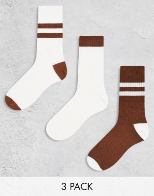 ASOS DESIGN 3 pack ribbed ankle sock in brown and off-white with ...