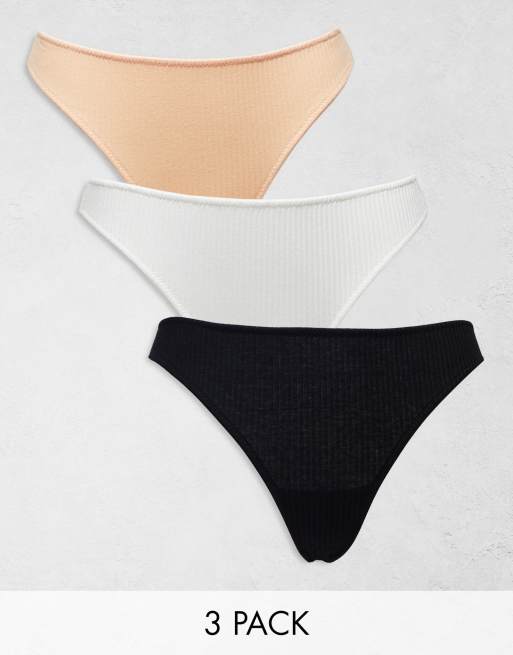 ASOS DESIGN 3 pack ribbed thongs in black, white & beige | ASOS