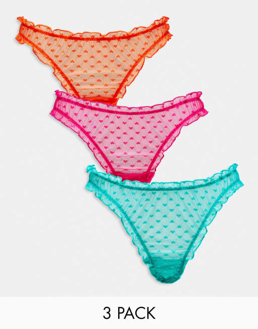 ASOS DESIGN 3 pack scrunch heart mesh brazilian thongs in orange, pink ...