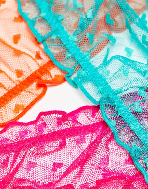 ASOS DESIGN 3-pack scrunch heart mesh Brazilian thongs in orange, pink ...