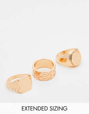 ASOS DESIGN 3 pack signet ring set with circle embossed detail in gold ...
