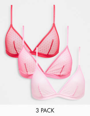 ASOS DESIGN 3 pack spot mesh triangle bra in red & pinks | ASOS