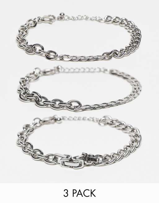 Asos Design 3 Pack Waterproof Stainless Steel Mixed Chain Bracelet Set