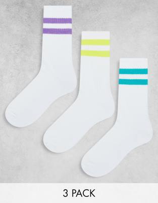 ASOS DESIGN 3 pack white sports socks with bright stripes | ASOS