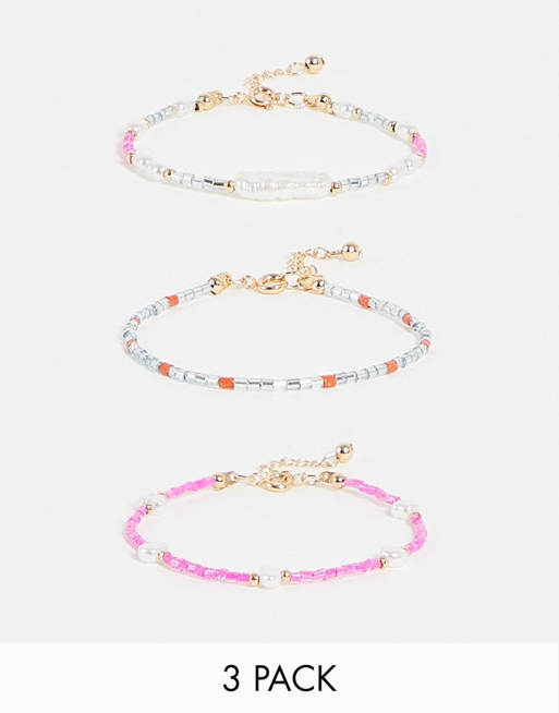 Asos Design 3er Pack Goldfarbene Armbänder Mit Perlen Und