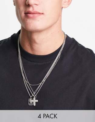 ASOS DESIGN 4 pack necklace set with key and cross pendants in silver ...