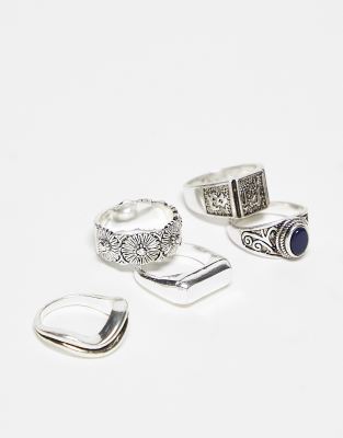 ASOS DESIGN 5 pack mixed signet rings in silver tone | ASOS