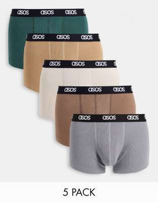 ASOS DESIGN 5 pack rib trunks in tonal colours | ASOS