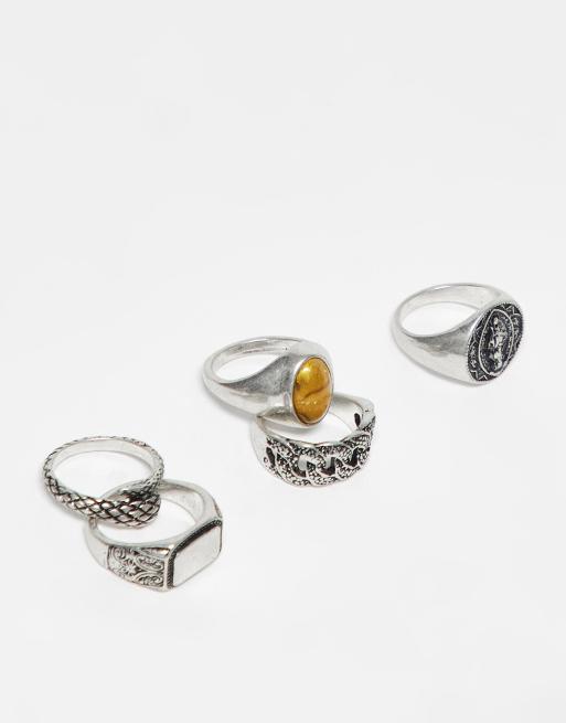 Asos Design 5 Pack Rings With Mixed Signets And Stone In Silver Tone Asos