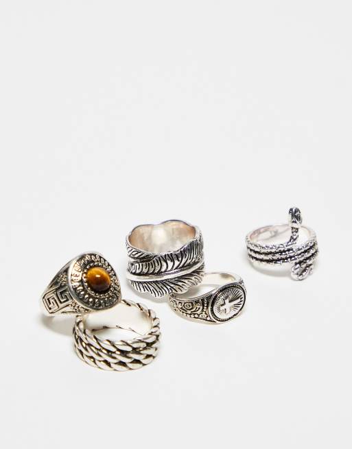 ASOS DESIGN 5 pack signet rings with wrap around snake and feather ...