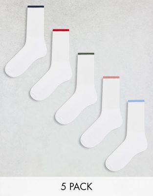 ASOS DESIGN 5 pack socks in white with colored piping | ASOS
