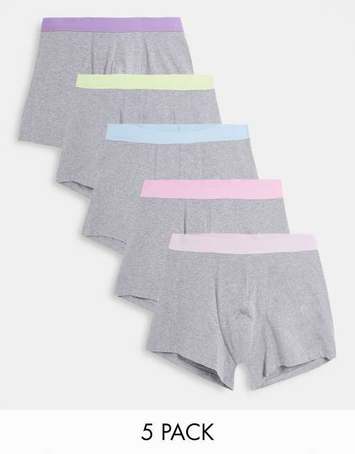 Asos Design 5 Pack Trunks In Grey With Pastel Waistband Asos