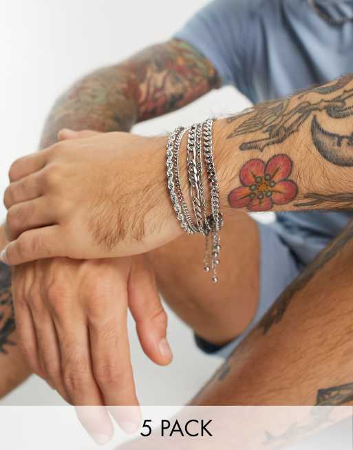 Asos Design 5er Set Silberfarbener Kettenarmbänder Aus Wasserfestem