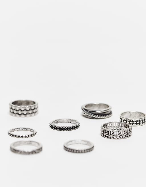 ASOS DESIGN 8 pack band rings in silver tone