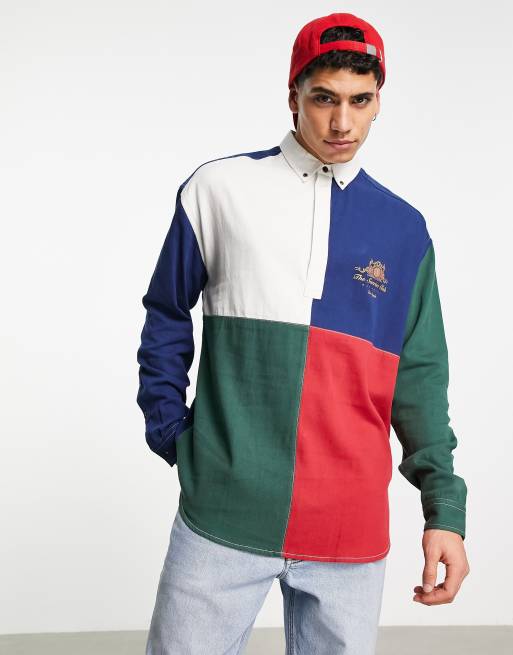 ASOS DESIGN 90s oversized rugby shirt in collegiate patchwork with ...