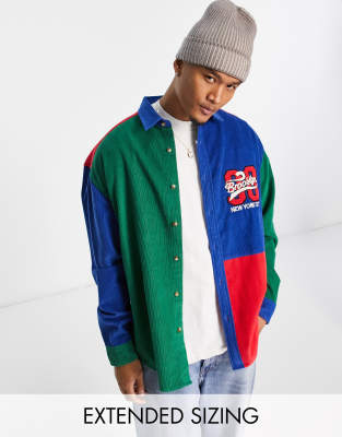 ASOS DESIGN 90s oversized shirt in color block cord with chest ...