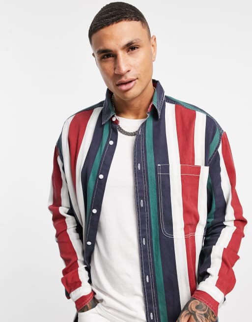 Asos Design 90s Oversized Shirt In Navy Twill Collegiate Stripe Asos