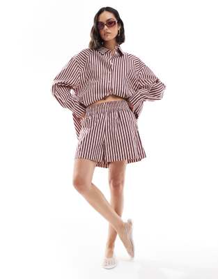 ASOS DESIGN A-line pull on shorts co-ord in burgundy and pink stripe | ASOS