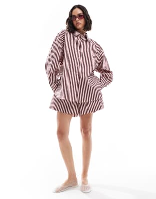 ASOS DESIGN A-line pull on shorts & relaxed shirt set in burgundy and pink stripe | ASOS
