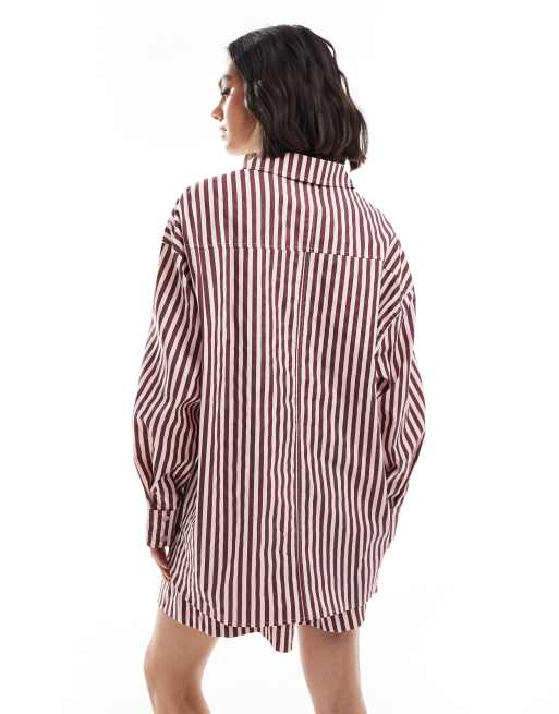ASOS DESIGN A-line pull on shorts & relaxed shirt set in burgundy and pink stripe | ASOS