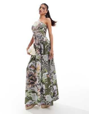 ASOS DESIGN - Aangerimpelde maxi bandeau-jurk met verlaagde zoom in donkere bloemenprint | ASOS