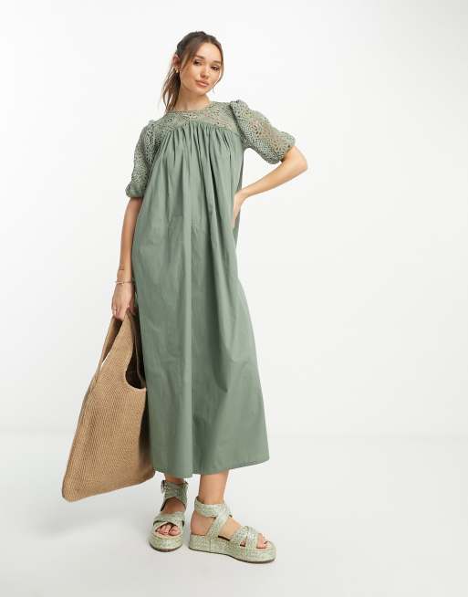 Asos Design Aangerimpelde Midi Jurk Met Gehaakte Mouwen En Hals In