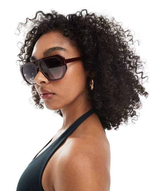 ASOS DESIGN angular fine frame aviator in burgundy | ASOS