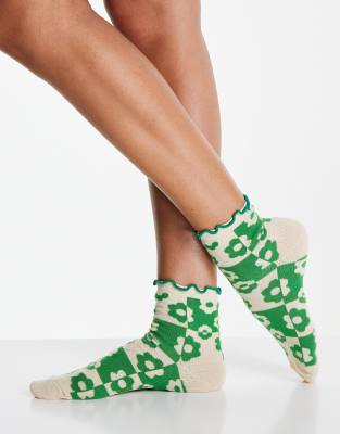 ASOS DESIGN ankle socks with frill top in floral checkerboard print in ...