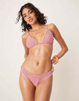 ASOS DESIGN Anna seersucker high leg bikini bottom in burgundy stripe | ASOS