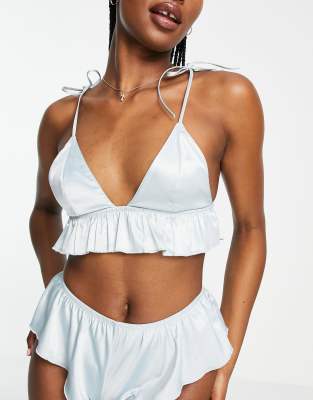 ASOS DESIGN Anni satin frill bralette in blue | ASOS
