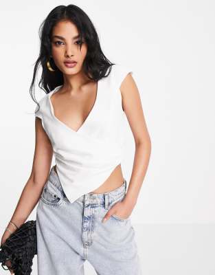ASOS DESIGN asymmetric cap sleeve top with button detail in white | ASOS
