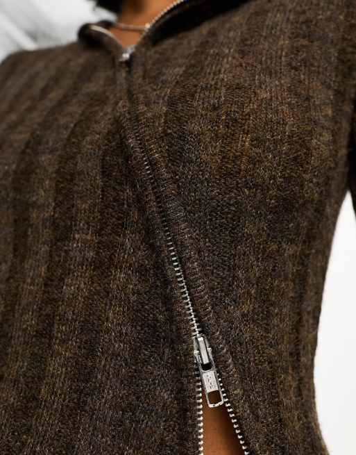 ASOS DESIGN asymmetric cardigan with double zip in chocolate | ASOS