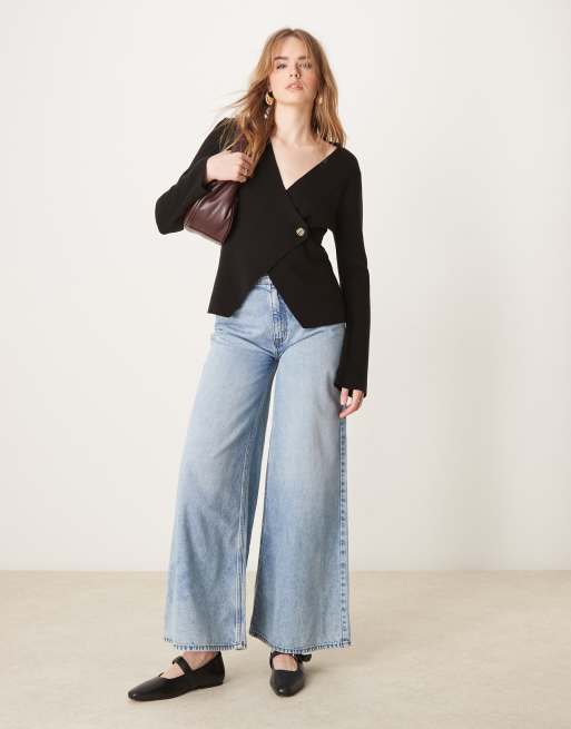 ASOS DESIGN asymmetric compact knit cardigan with large button in black ...