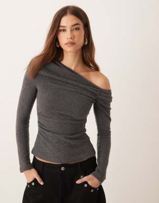 ASOS DESIGN asymmetric ruched supersoft top in gray | ASOS