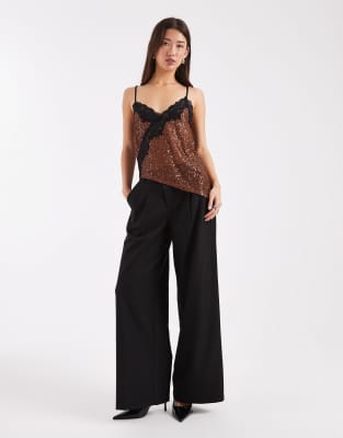 ASOS DESIGN asymmetric sequined cami top with lace trim in brown | ASOS