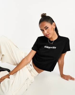 ASOS DESIGN baby tee with guestlist graphic in black | ASOS