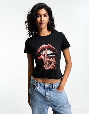 ASOS DESIGN baby tee with lips slogan graphic in black | ASOS