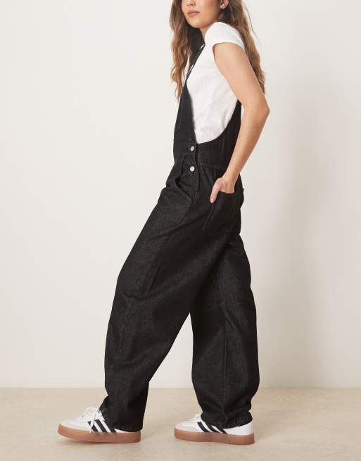 ASOS DESIGN barrel leg denim dungarees in black | ASOS