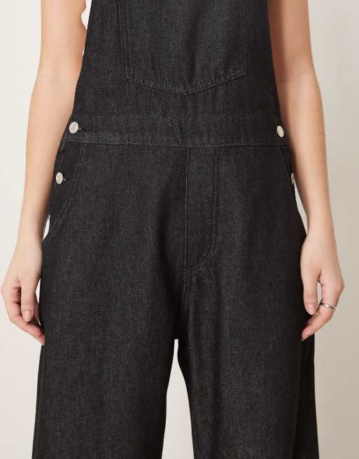 ASOS DESIGN barrel leg denim dungarees in black | ASOS