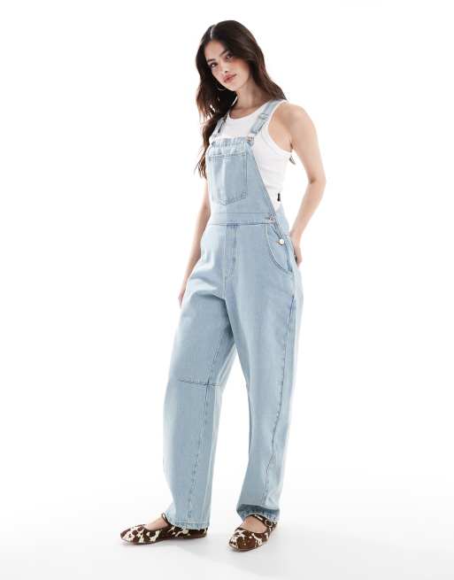 ASOS DESIGN barrel leg dungarees in light wash with distressing | ASOS