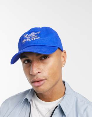 ASOS DESIGN baseball cap in blue with text embroidery | ASOS