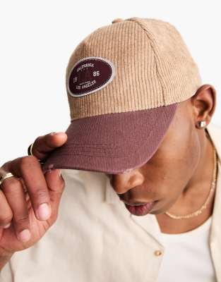 ASOS DESIGN baseball cap in cord with distressed contrast peak in brown ...