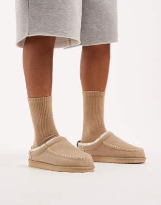 ASOS DESIGN - Beige mule-hjemmesko med fleece-for | ASOS
