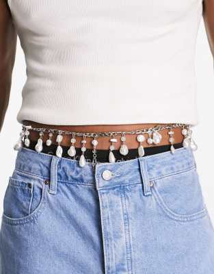 ASOS DESIGN belly chain with chunky faux pearl and crystal pendants in ...