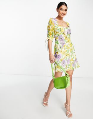 Asos Design Bias Chiffon Mini Dress With Tie Front In Yellow Floral ...
